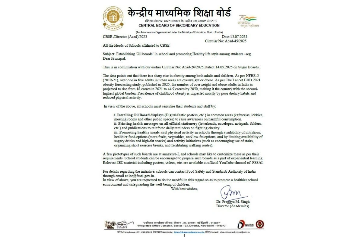 CBSE Directs Schools to Install 'Oil Boards' to Curb Obesity Among Students