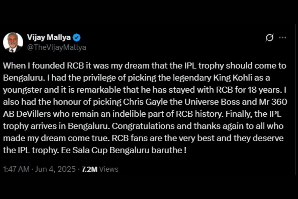 RCB Founder Vijay Mallya Congratulates Team for Maiden IPL Title ...